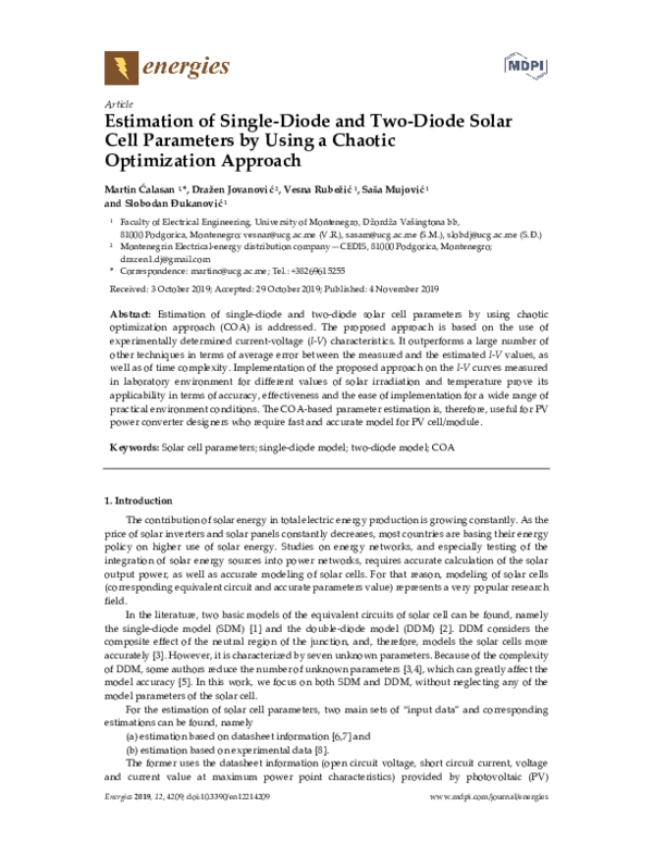 (PDF) Estimation of Single-Diode and Two-Diode Solar Cell Parameters by Using a Chaotic ...