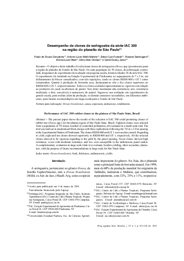 (PDF) Desempenho de clones de seringueira da série IAC 300 na região do ...