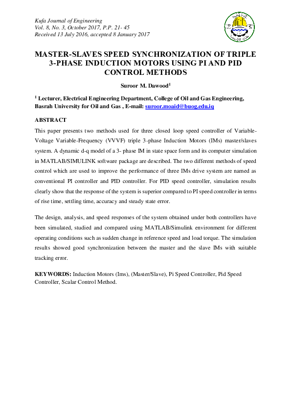 (PDF) Master-Slaves Speed Synchronization of Triple 3-PHASE Induction Motors Using Pi and Pid ...