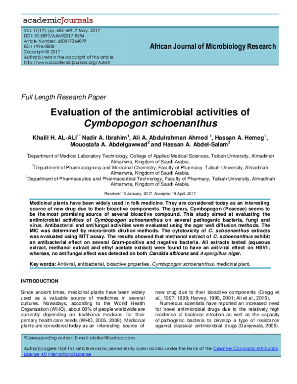 (PDF) Evaluation of the antimicrobial activities of Cymbopogon schoenanthus