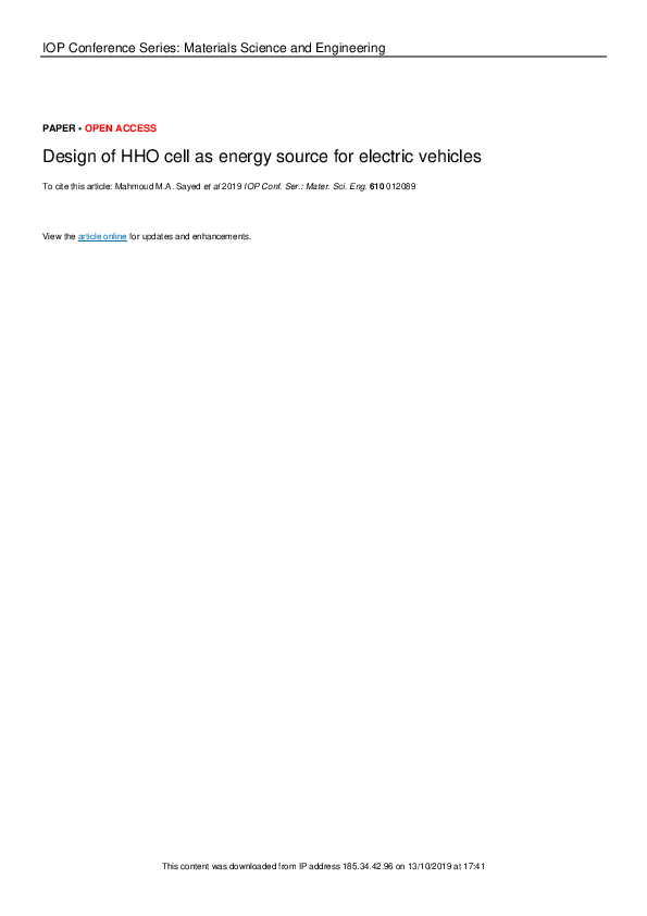 (PDF) Design of HHO cell as energy source for electric vehicles