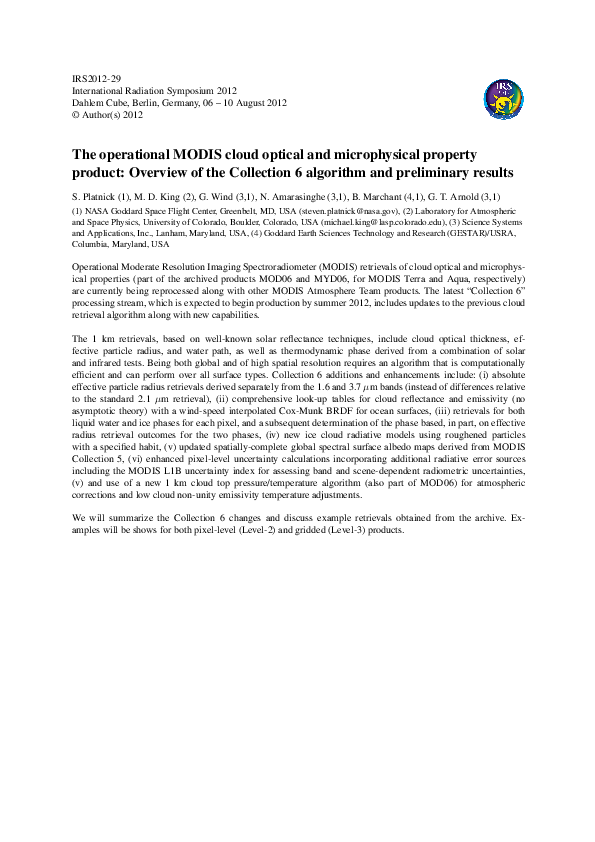 (PDF) The Operational MODIS Cloud Optical and Microphysical Property ...