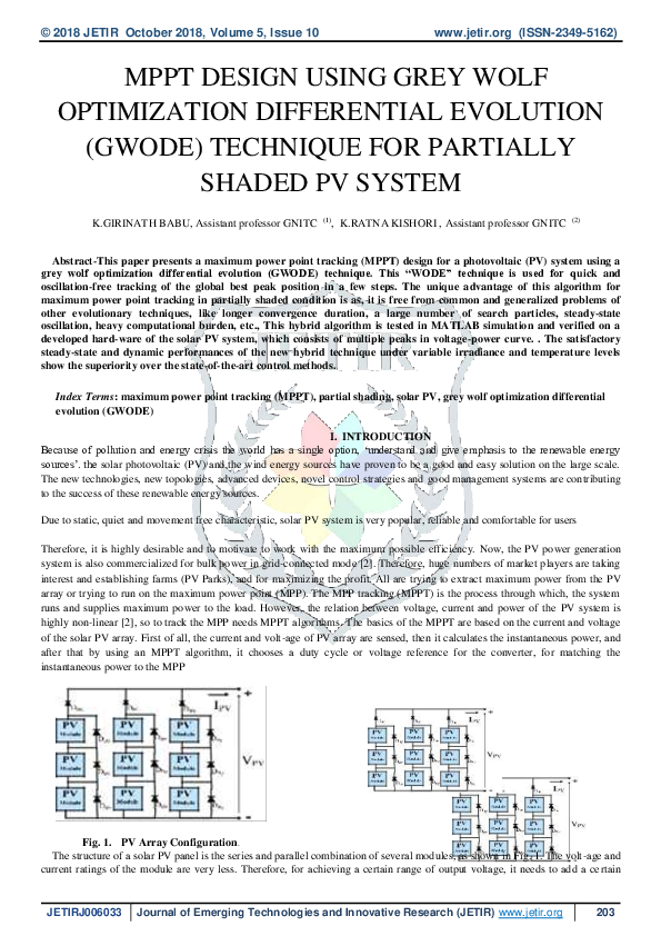 (PDF) MPPT Design Using Grey Wolf Optimization Differential Evolution (Gwode) Technique for ...