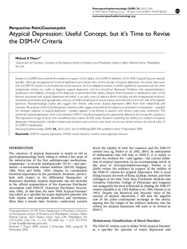 (PDF) Atypical Depression: Useful Concept, but it's Time to Revise the ...