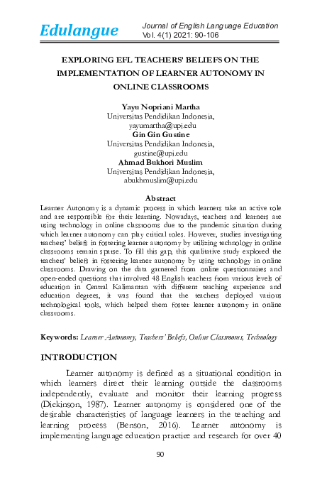(PDF) Exploring EFL Teachers’ Beliefs on the Implementation of Learner Autonomy in Online Classrooms