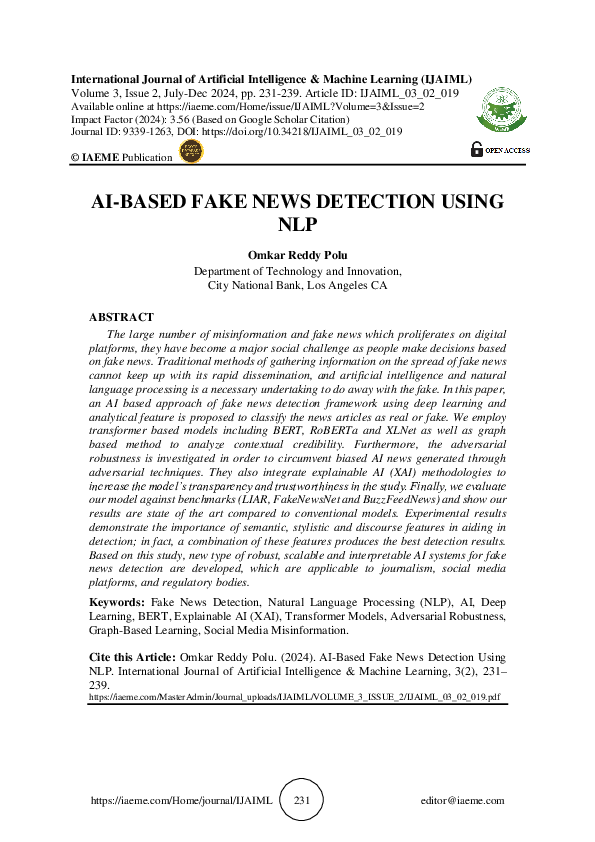 (PDF) AI-BASED FAKE NEWS DETECTION USING NLP