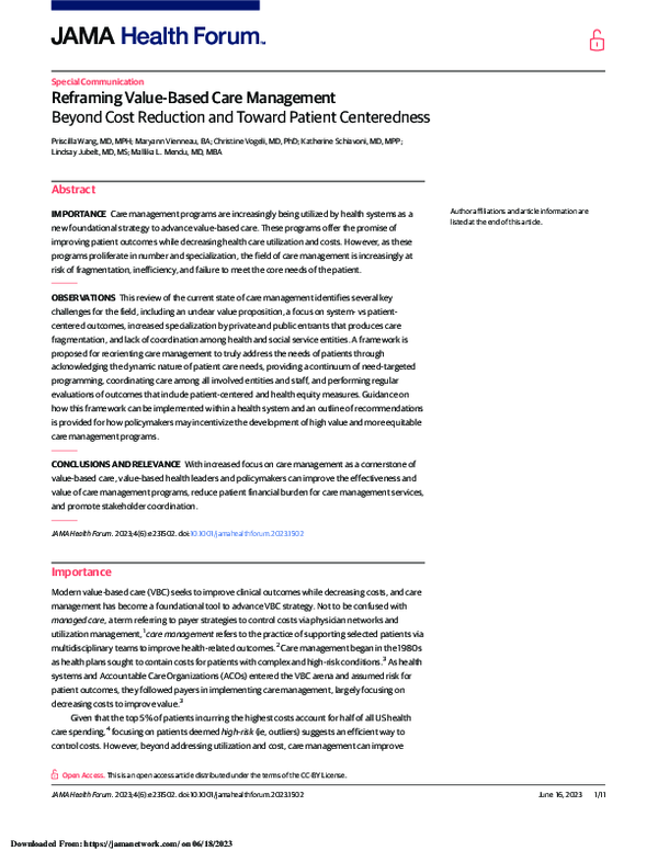 Pdf Reframing Value Based Care Management