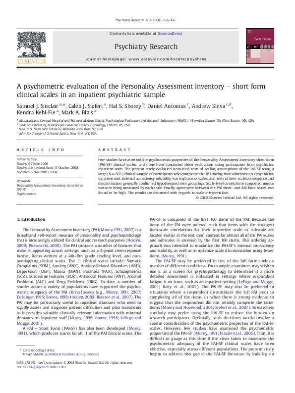 (PDF) A psychometric evaluation of the Personality Assessment Inventory ...