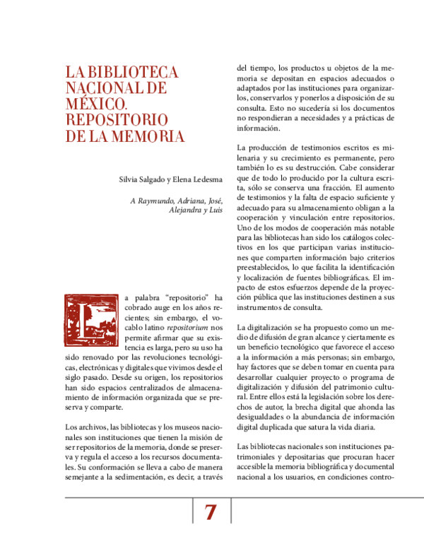 (PDF) Silvia Salgado-Ruelas, Elena Ledesma, "La Biblioteca Nacional de ...