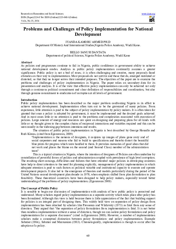 (PDF) Problems and Challenges of Policy Implementation for National Development