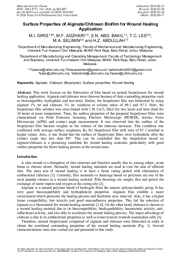 (PDF) Surface Properties of Alginate/Chitosan Biofilm for Wound Healing Application