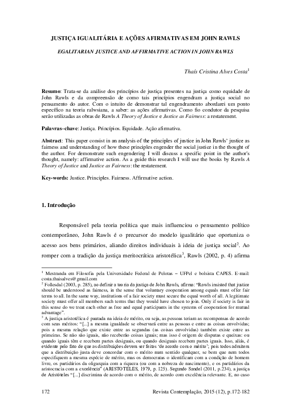 (PDF) Justiça Igualitária e Ações Afirmativas Em John Rawls