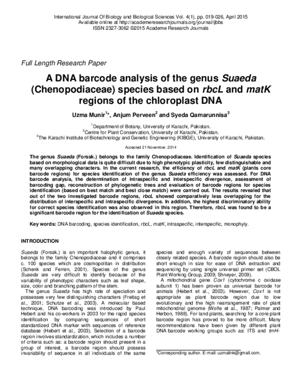 (PDF) A DNA barcode analysis of the genus Suaeda (Chenopodiaceae ...