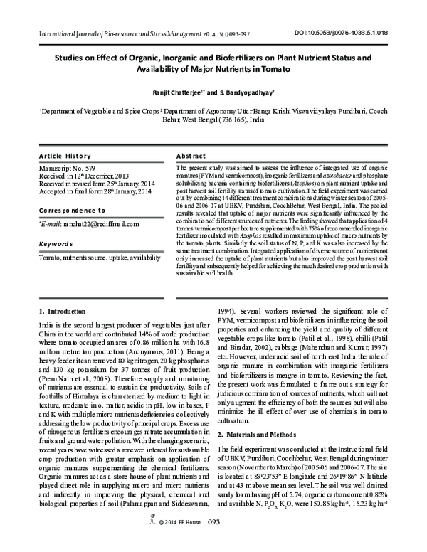 (PDF) Studies on effect of organic, inorganic and biofertilizers on plant nutrient status and ...