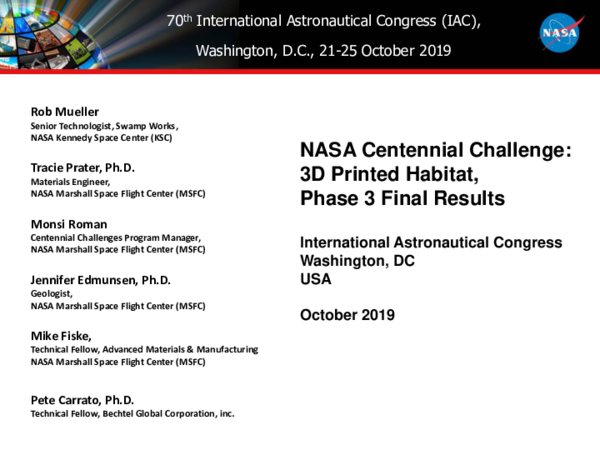 (PDF) NASA Centennial Challenge: 3D Printed Habitat, Phase 3 Final Results