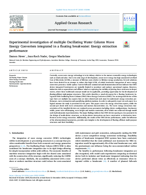 (PDF) Experimental investigation of multiple Oscillating Water Column Wave Energy Converters ...