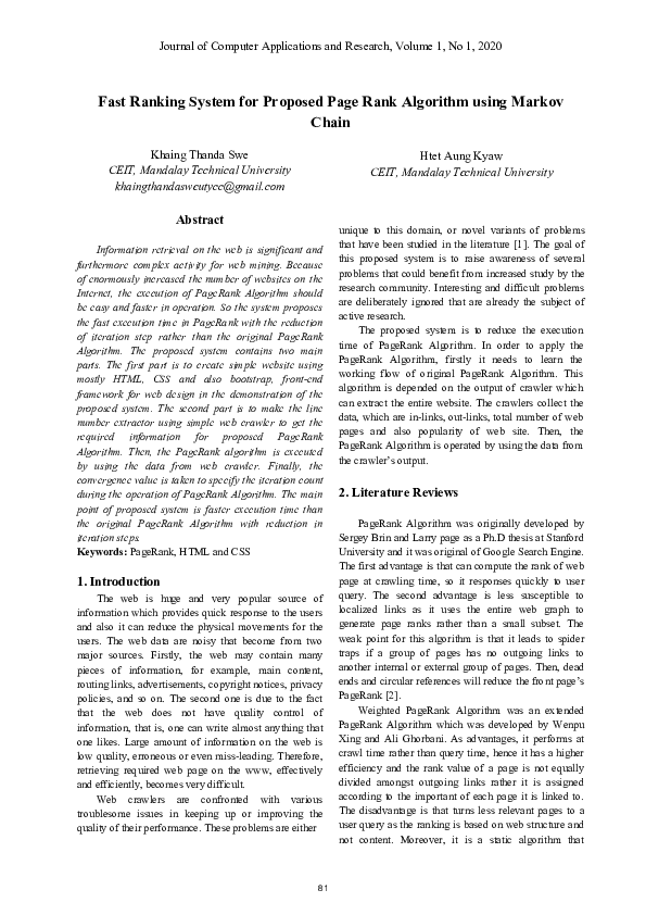 (PDF) Fast Ranking System for Proposed Page Rank Algorithm using Markov ...