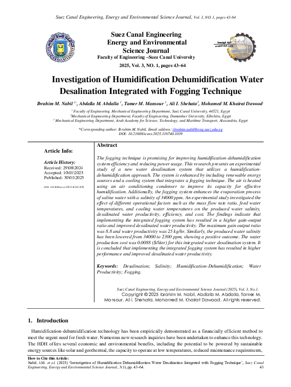 (PDF) Investigation of Humidification Dehumidification Water ...