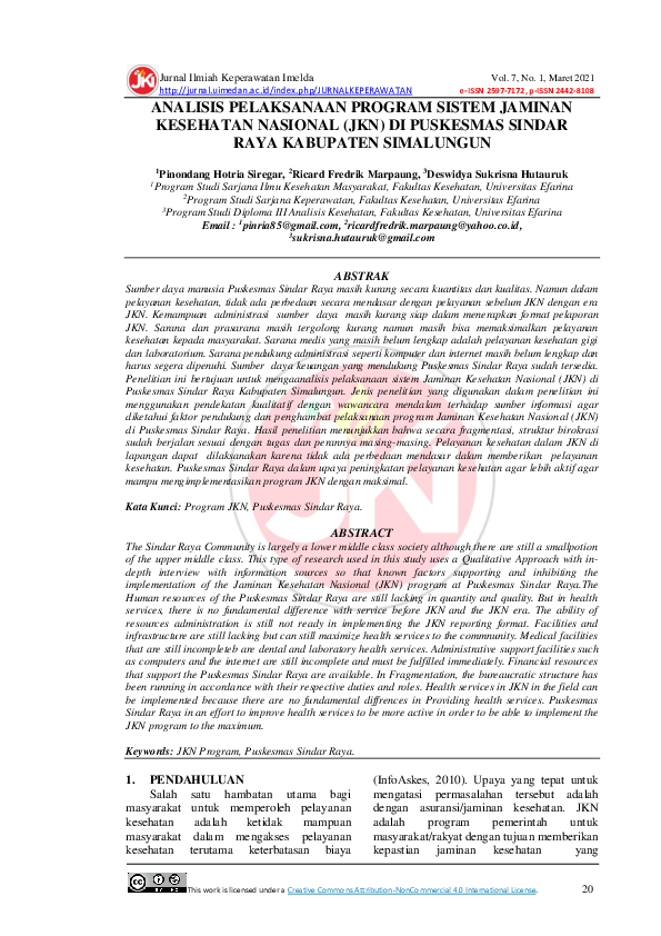 (PDF) Analisis Pelaksanaan Program Sistem Jaminan Kesehatan Nasional (JKN) DI Puskesmas Sindar ...