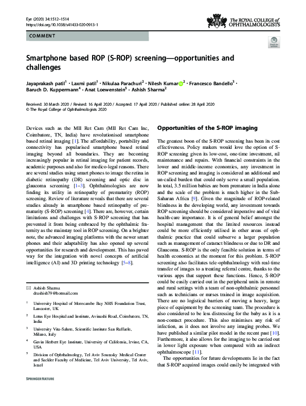 (PDF) Smartphone based ROP (S-ROP) screening—opportunities and challenges