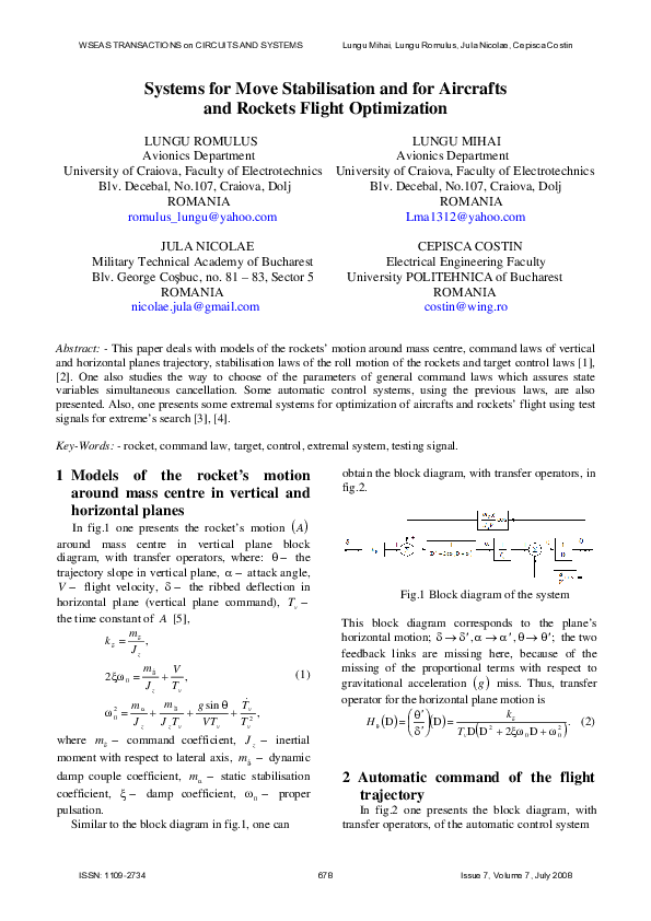(PDF) Systems for Move Stabilisation and for Aircrafts and Rockets Flight Optimization