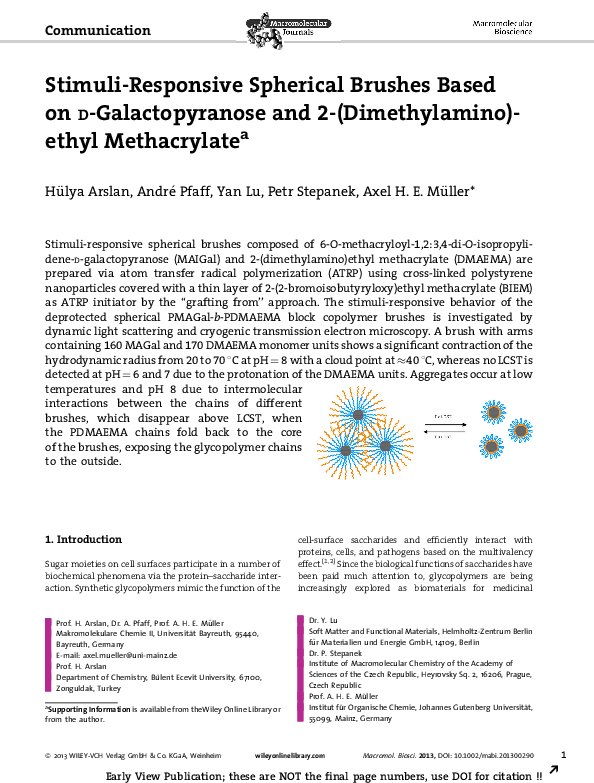 (PDF) Stimuli-Responsive Spherical Brushes Based on D -Galactopyranose ...