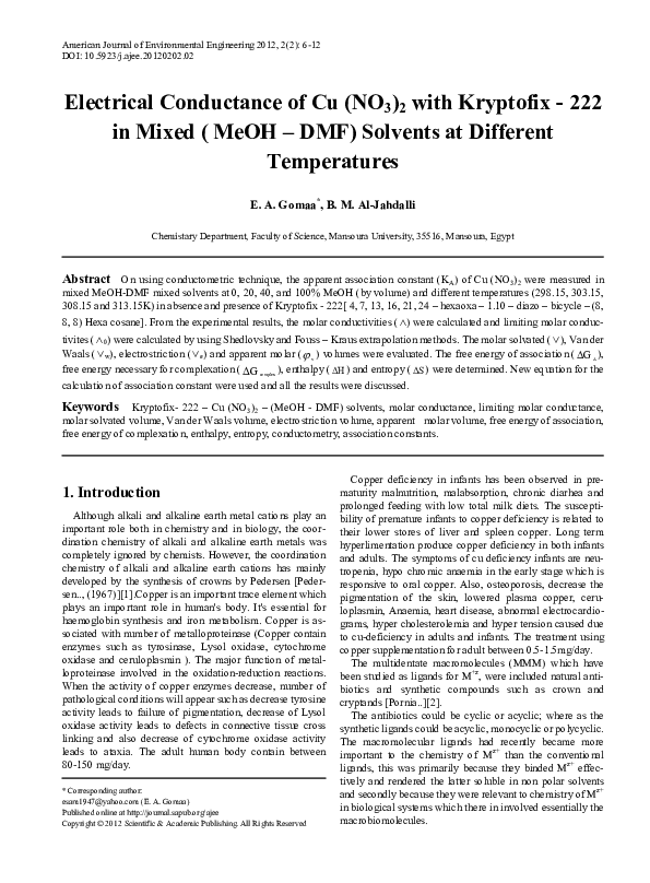 Electrical Conductance of Cu (NO 3 ) 2 with Kryptofix - 222 in Mixed ...