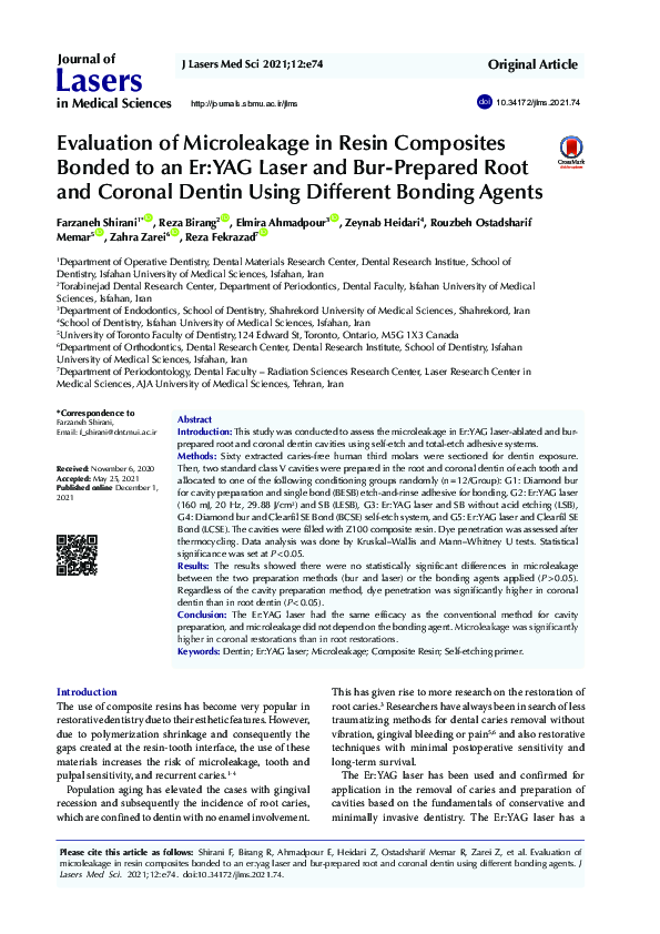 Pdf Evaluation Of Microleakage In Resin Composites Bonded To An Er Yag Laser And Bur Prepared