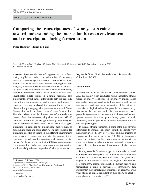 Pdf Comparing The Transcriptomes Of Wine Yeast Strains Toward
