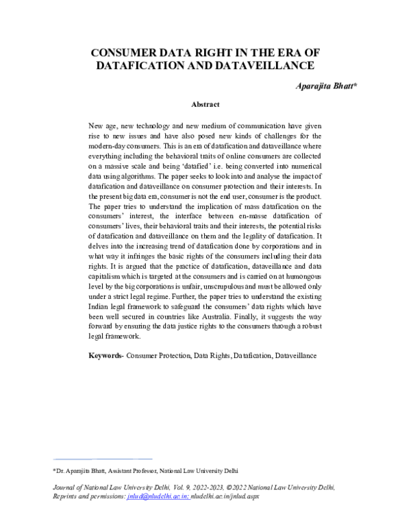(PDF) CONSUMER DATA RIGHT IN THE ERA OF DATAFICATION AND DATAVEILLANCE