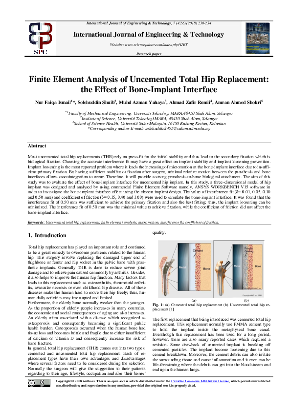 (PDF) Finite Element Analysis of Uncemented Total Hip Replacement: the Effect of Bone-Implant ...