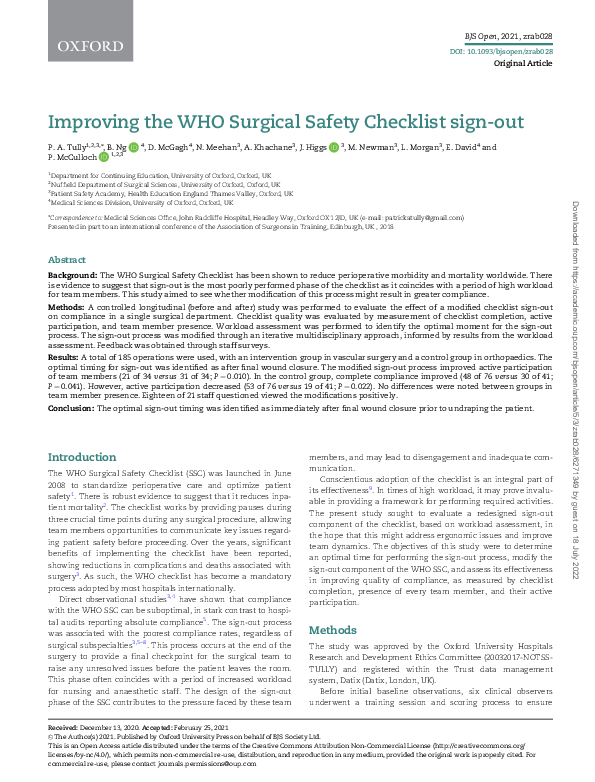 (PDF) Improving the WHO Surgical Safety Checklist sign-out