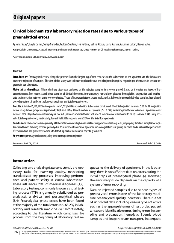 (PDF) Clinical biochemistry laboratory rejection rates due to various ...