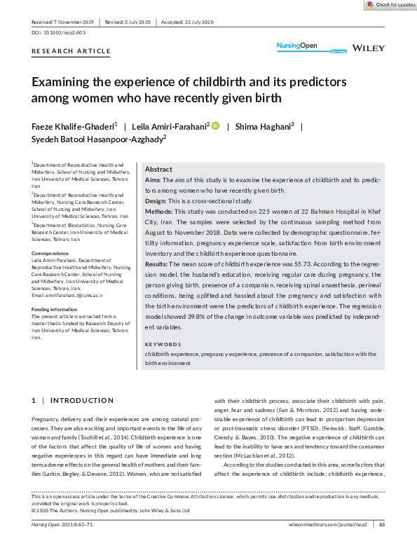 (PDF) Examining the experience of childbirth and its predictors among ...