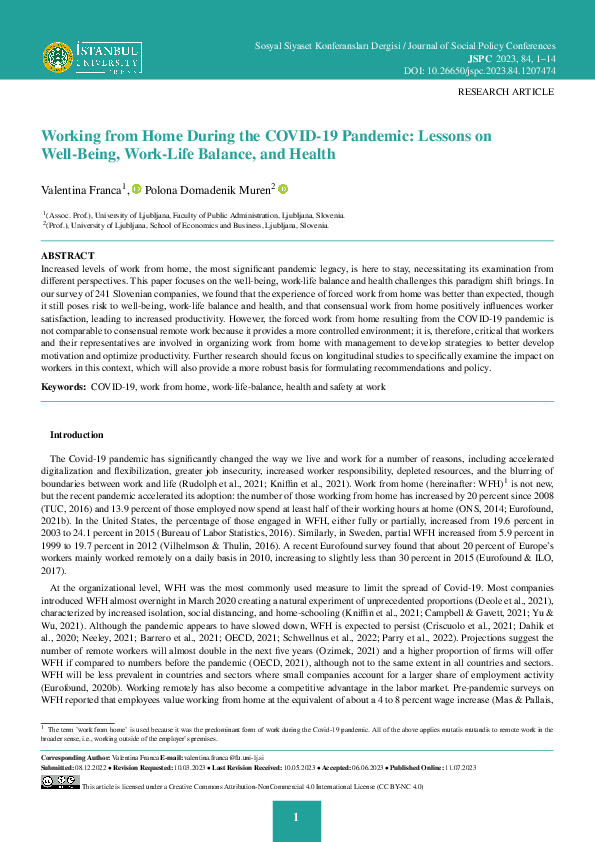 (PDF) Working from Home During the COVID-19 Pandemic: Lessons on Well ...