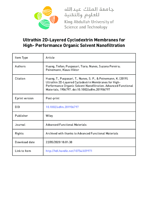 (PDF) Ultrathin 2D‐Layered Cyclodextrin Membranes for High‐ Performance ...