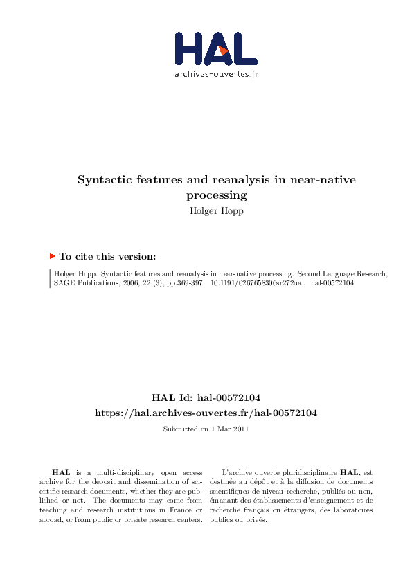 (PDF) Syntactic features and reanalysis in near-native processing