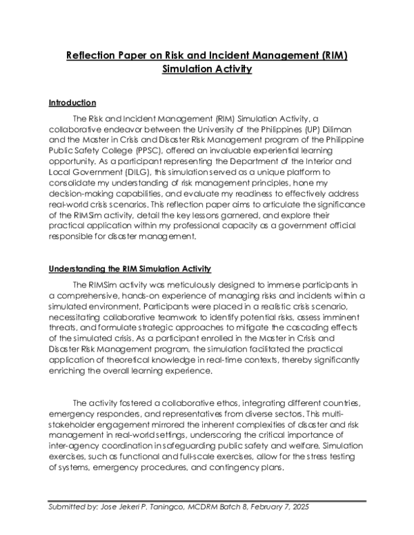 (PDF) Reflection Paper on Risk and Incident Management (RIM) Simulation ...