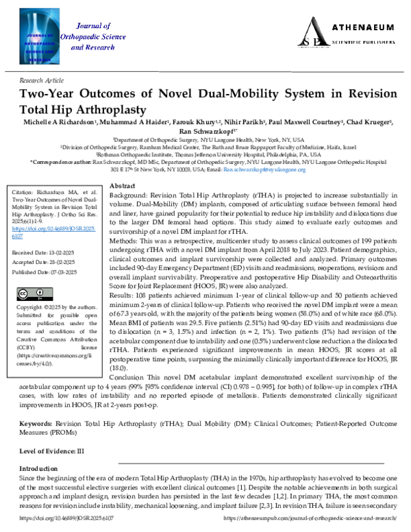 Two-Year Outcomes of Novel Dual-Mobility System in Revision Total Hip ...