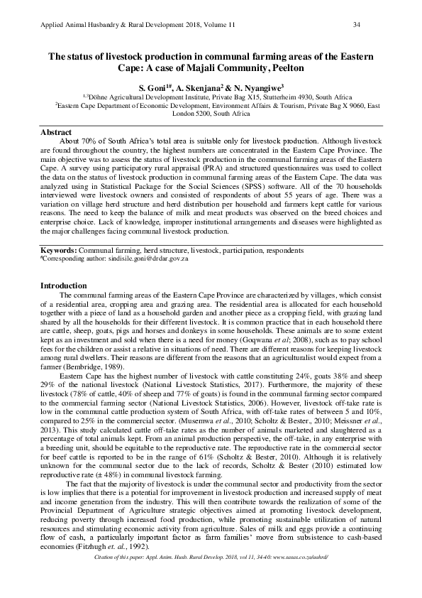 (PDF) The status of livestock production in communal farming areas of the Eastern Cape: A case ...