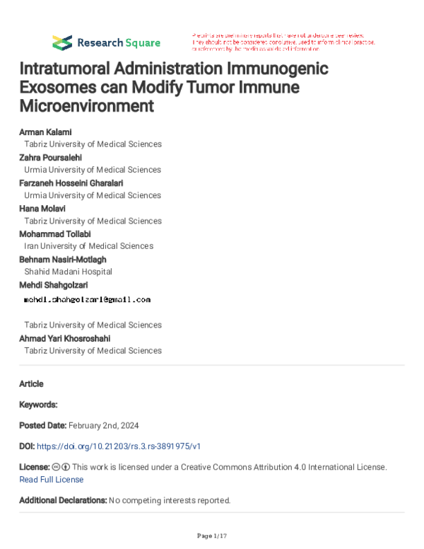(PDF) Intratumoral Administration Immunogenic Exosomes can Modify Tumor Immune Microenvironment