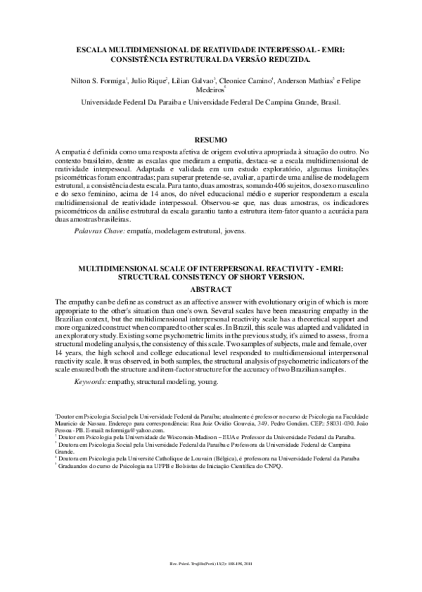 (PDF) Escala Multidimensional De Reatividade Interpessoal-Emri: Consistência Estrutural Da ...