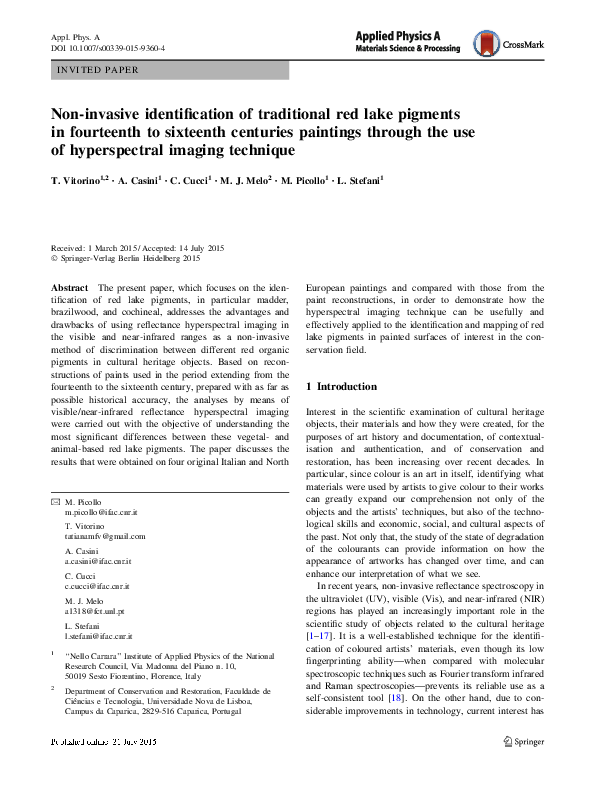 Non-invasive identification of traditional red lake pigments in ...