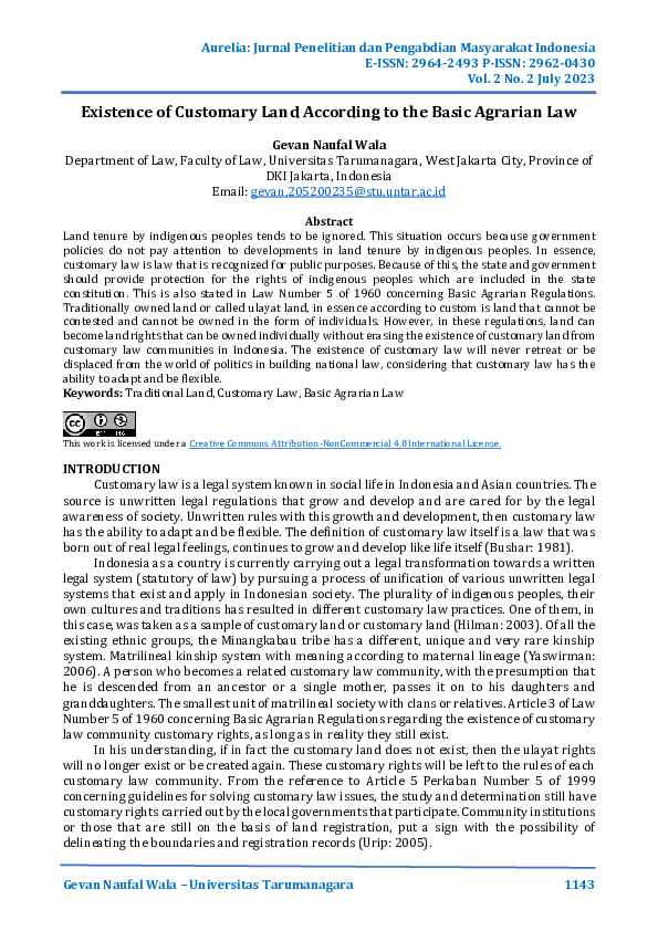 (PDF) Existence of Customary Land According to the Basic Agrarian Law
