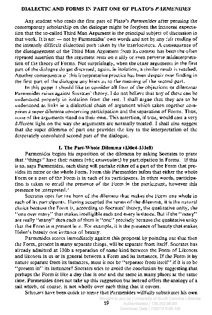(PDF) Dialectic and Forms in Part One of Plato's Parmenides