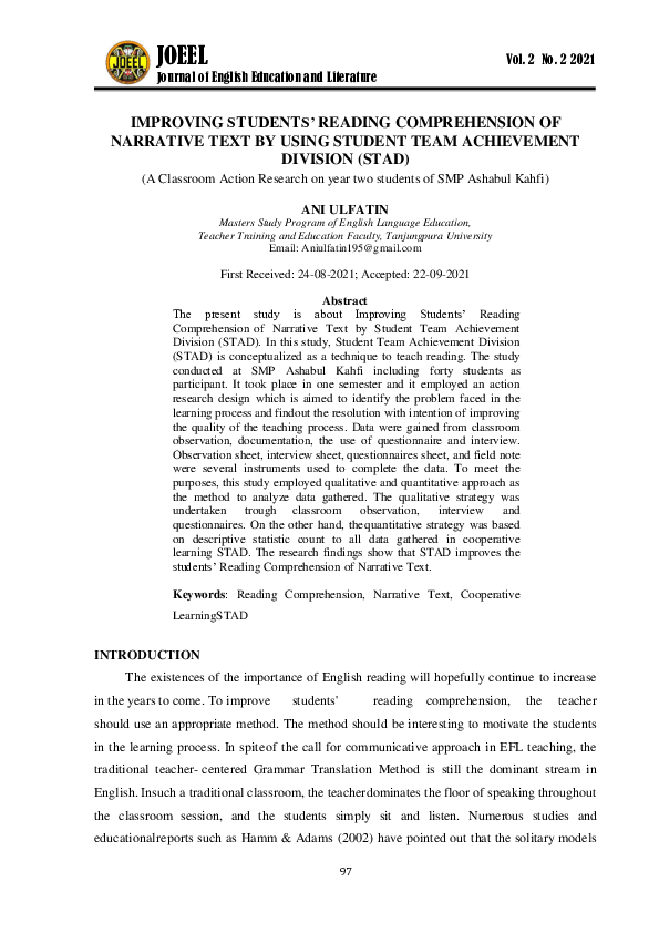 (PDF) Improving Students’ Reading Comprehension of Narrative Text by Using Student Team ...