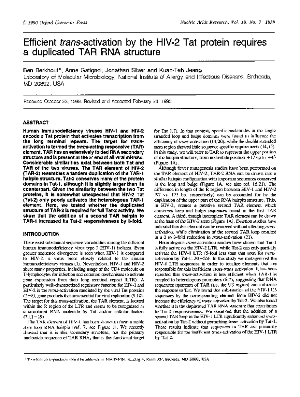 (PDF) Efficient trans -activation by the HIV-2 Tat protein requires a ...