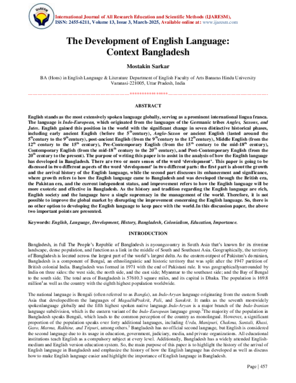 (PDF) The Development of English Language: Context Bangladesh