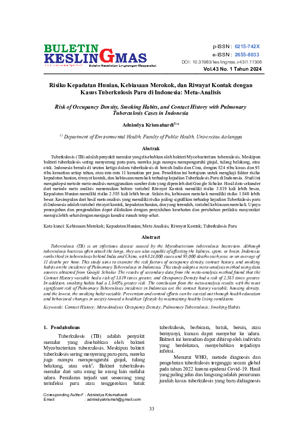 (PDF) Risiko Kepadatan Hunian, Kebiasaan Merokok dan Riwayat Kontak ...