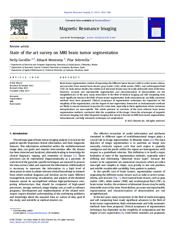 (PDF) State of the art survey on MRI brain tumor segmentation